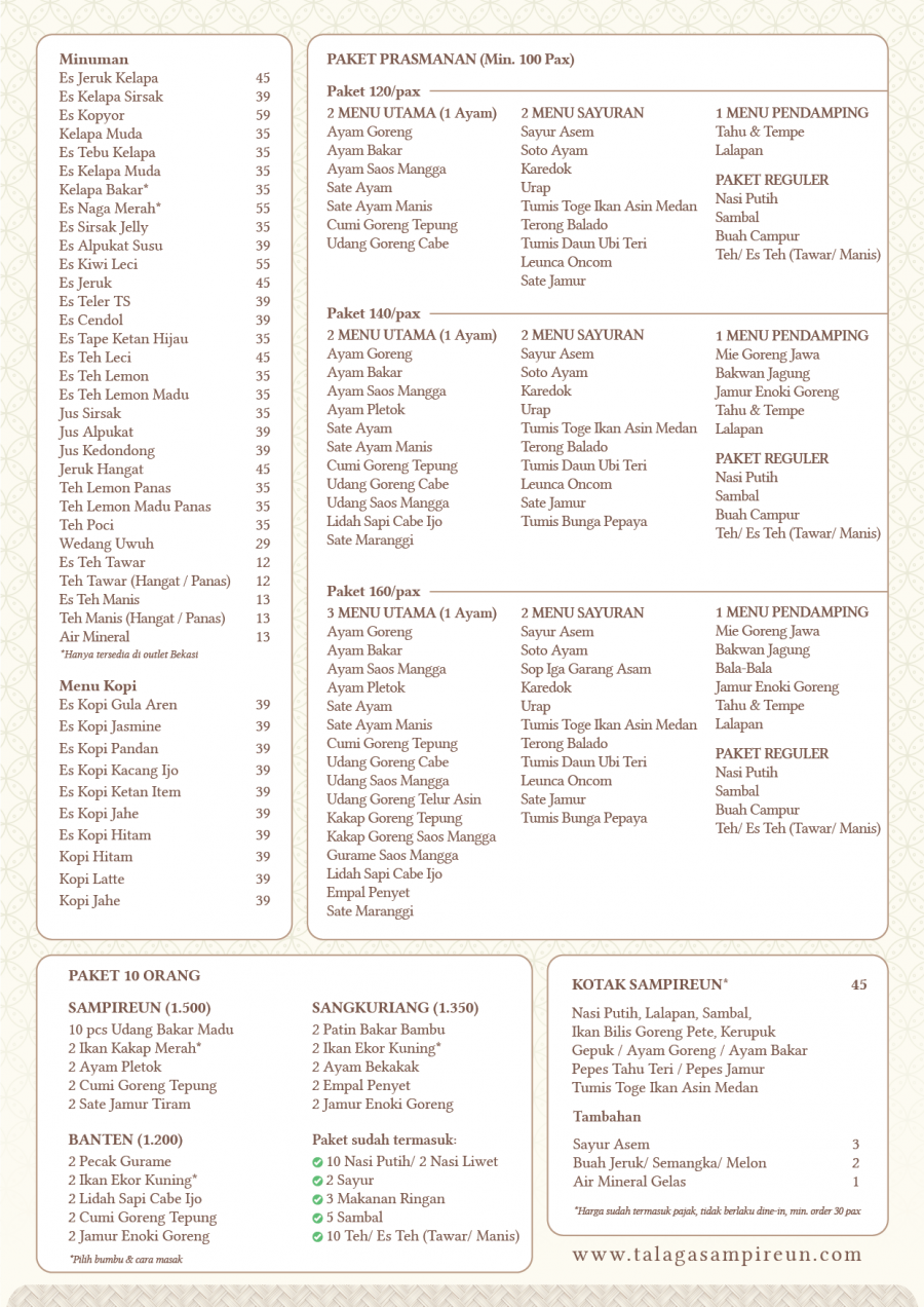 Price List Menu – Talaga Sampireun