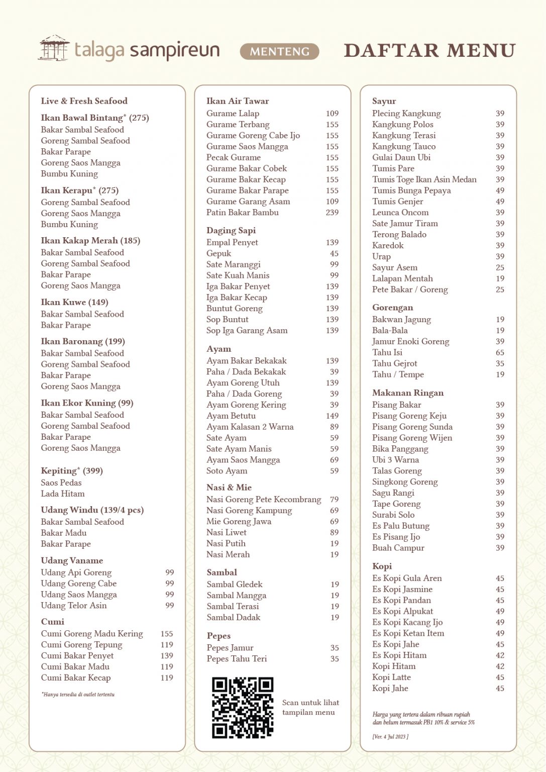 Price List Menu Talaga Sampireun Menteng – Talaga Sampireun Stagin
