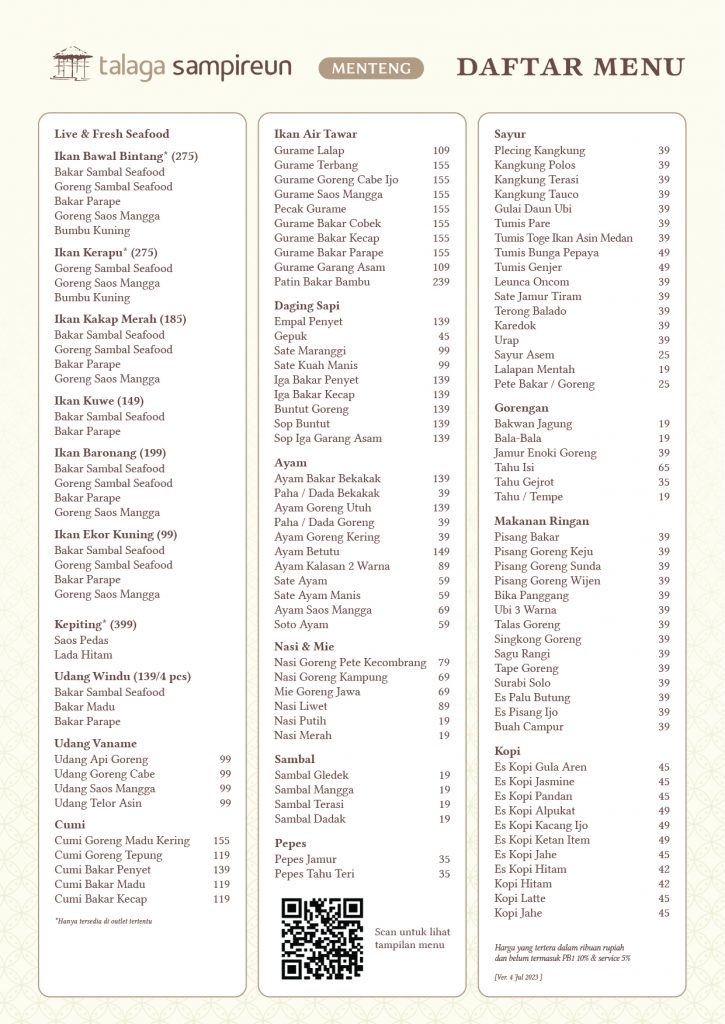 Price List Menu Talaga Sampireun Menteng – Talaga Sampireun Stagin