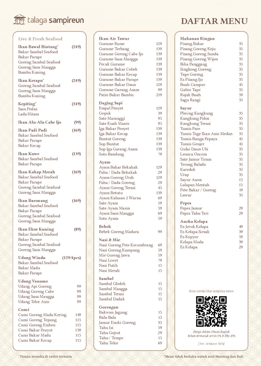 Price List Menu – Talaga Sampireun