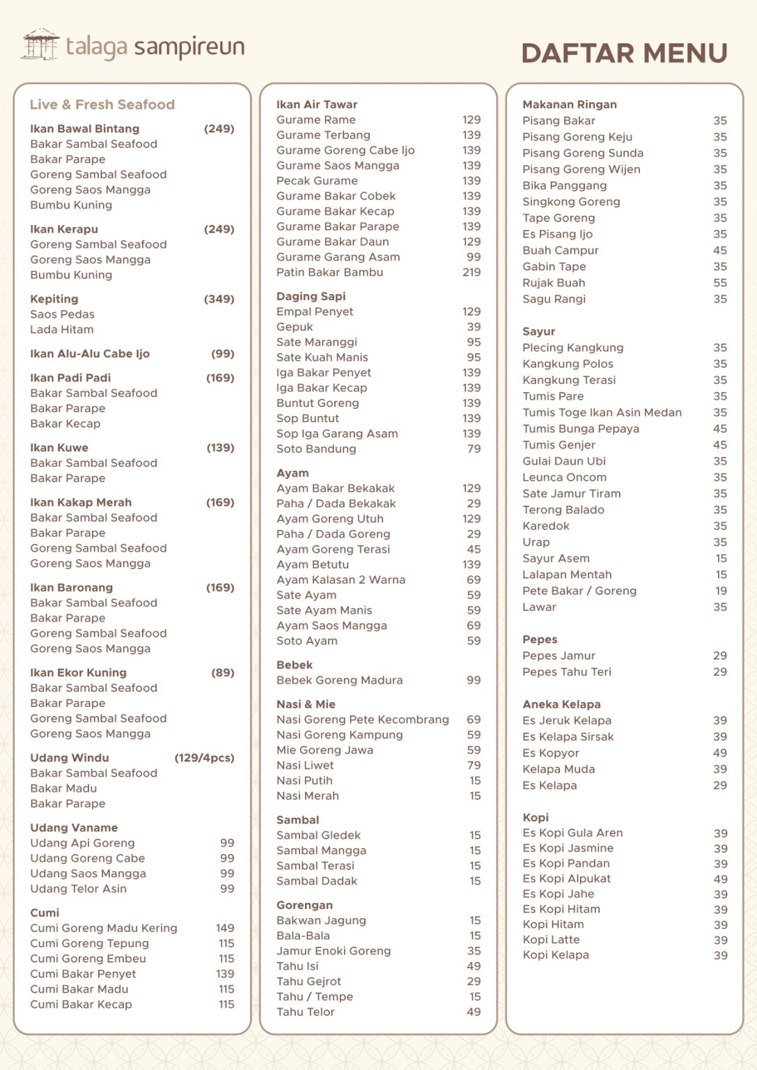 Price List Menu – Talaga Sampireun