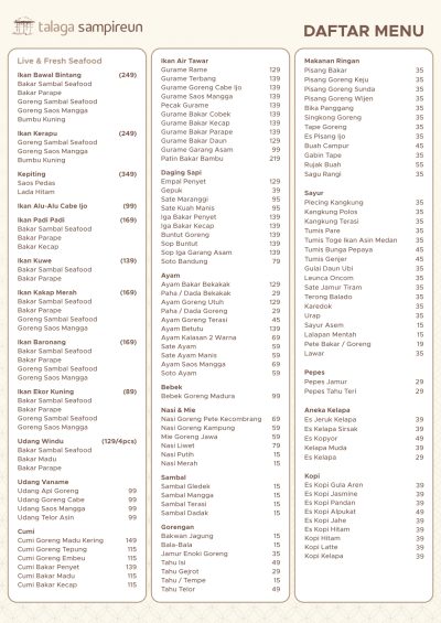Price List Menu – Talaga Sampireun